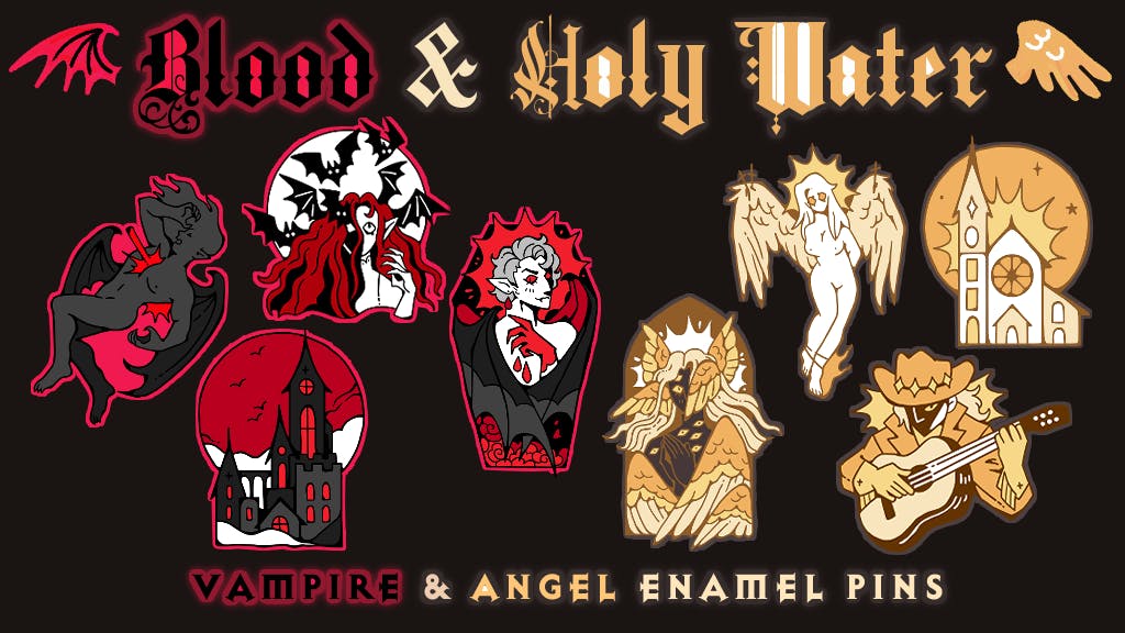 Blood and Holy Water: Vampire and Angel Enamel Pins - BackerKit