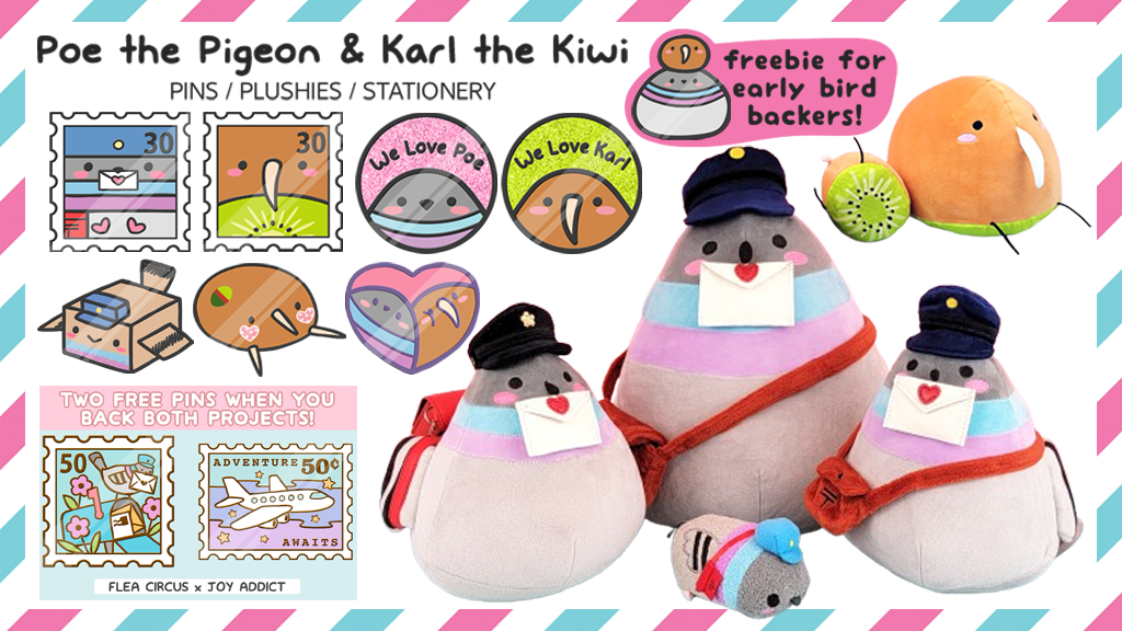 Poe the Pigeon & Karl the Kiwi Pins, Plushies, and Stationery! - BackerKit
